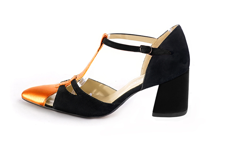 Women's apricot orange and matt black elegant T-strap closed-back heels ...