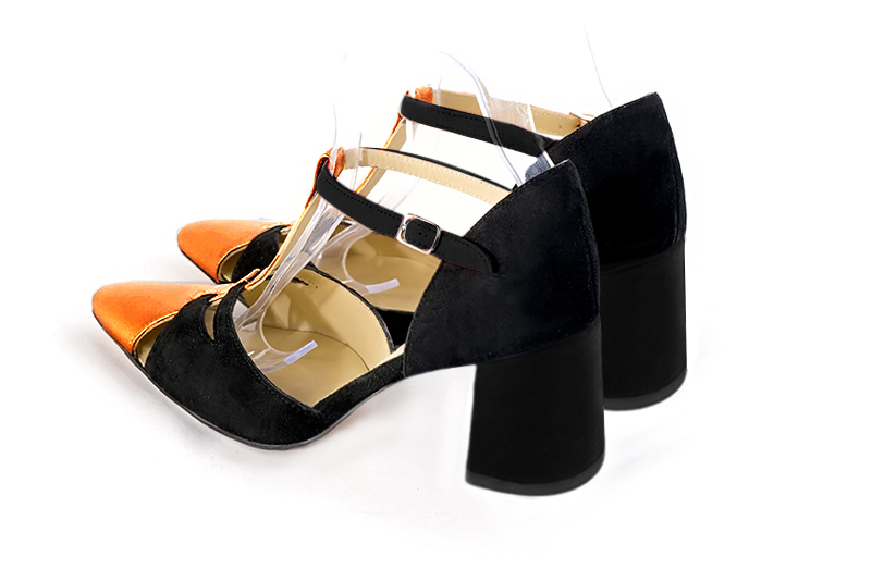Women's apricot orange and matt black elegant T-strap closed-back heels ...