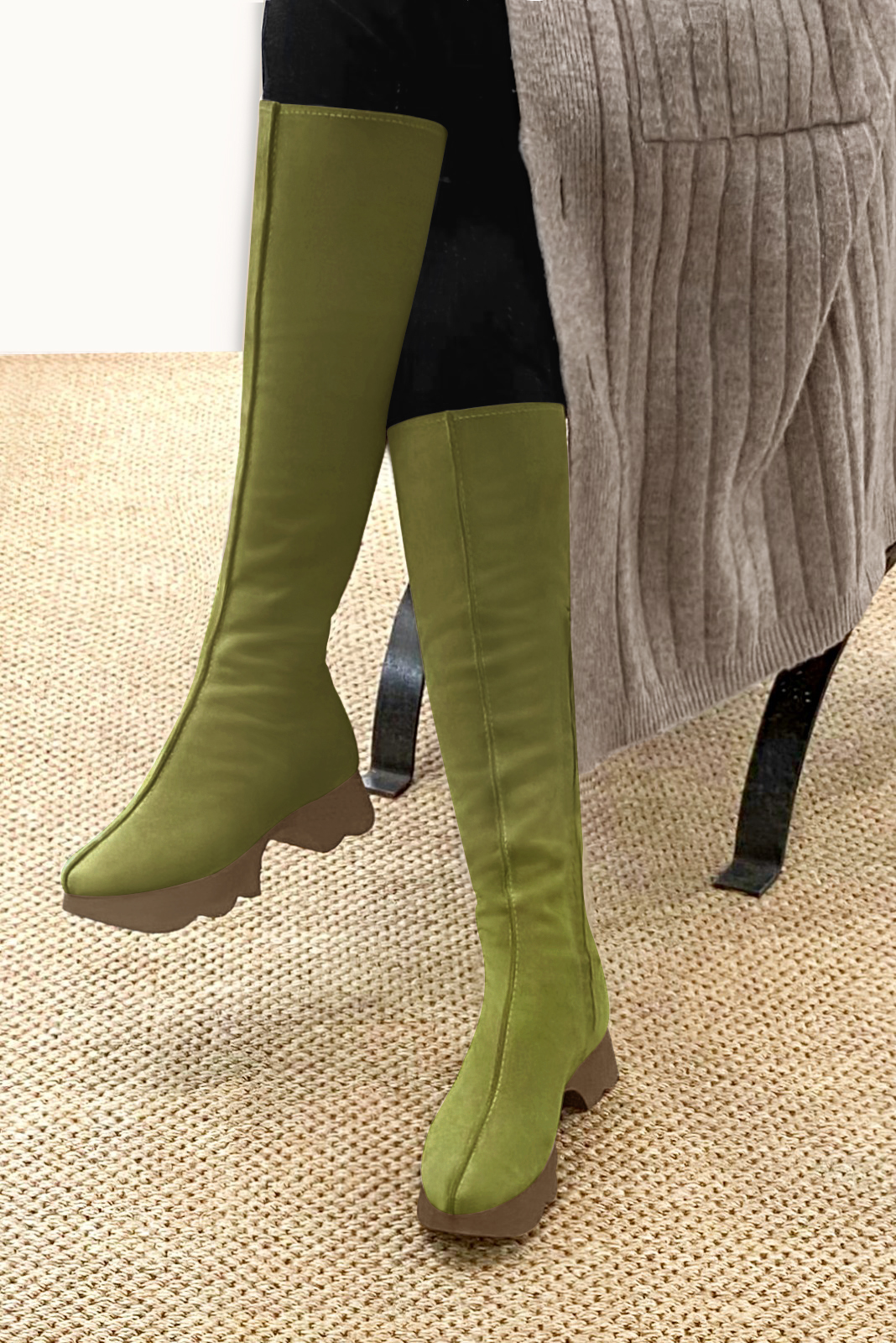 Custom-made women's pistachio green elegant knee-high boots, with laces ...