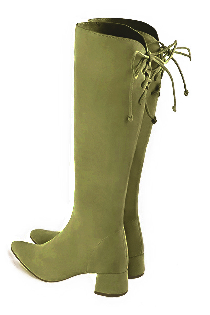 Custom-made women's pistachio green elegant knee-high boots, with laces ...