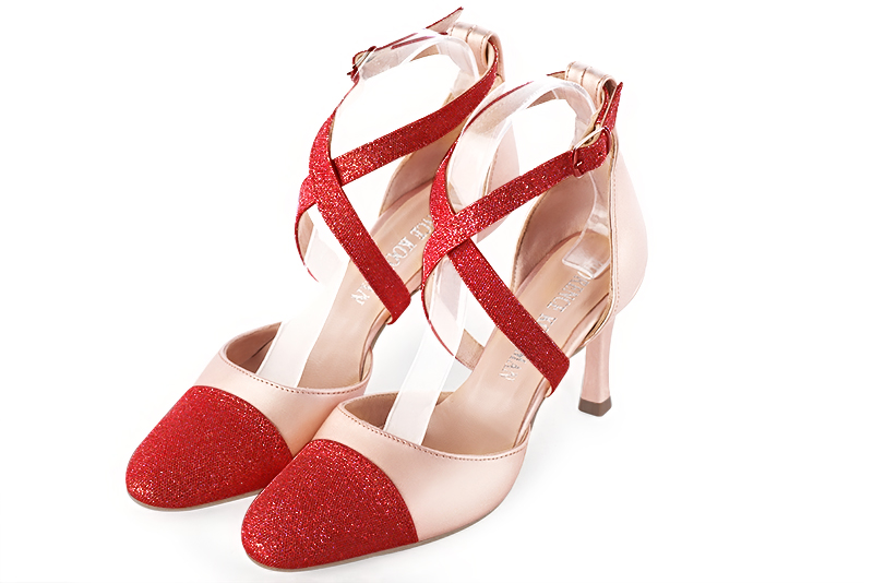 Scarlet red and powder pink elegant sneakers. Round toe. High slim heel ...